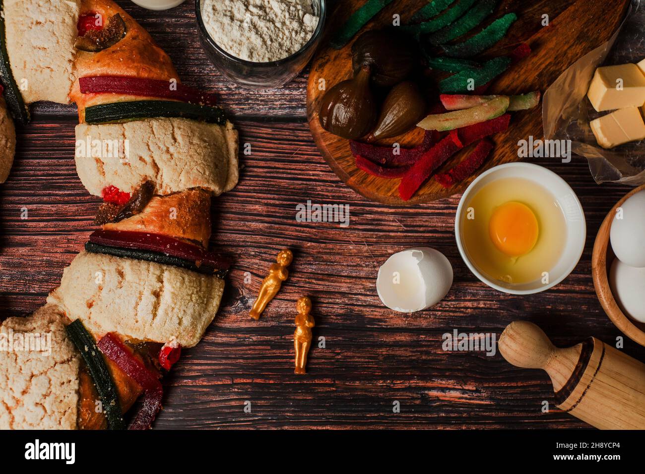 mexican rosca de reyes or Epiphany cake ingredients and recipe on a ...