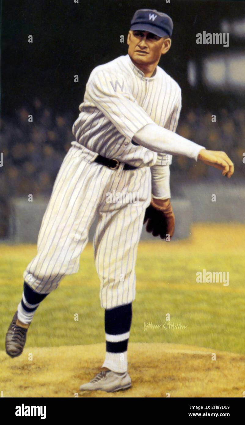 Walter Johnson, Hall of Fame Major league baseball pitcher, depicted in ...
