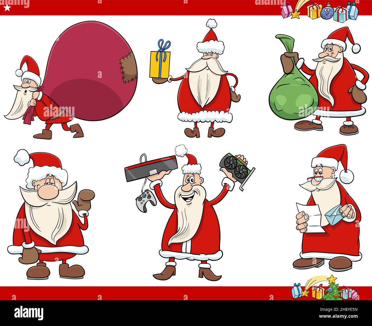 Cartoon illustration of Santa Claus characters set on Christmas time ...
