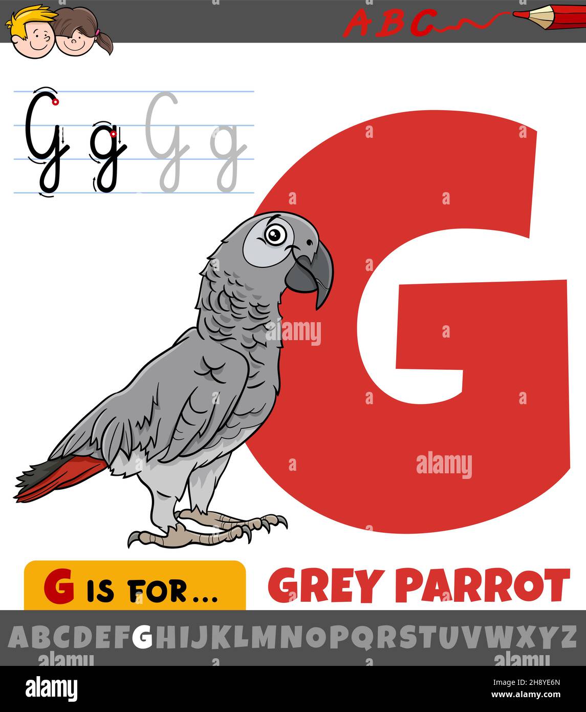 Educational cartoon illustration of letter G from alphabet with grey ...
