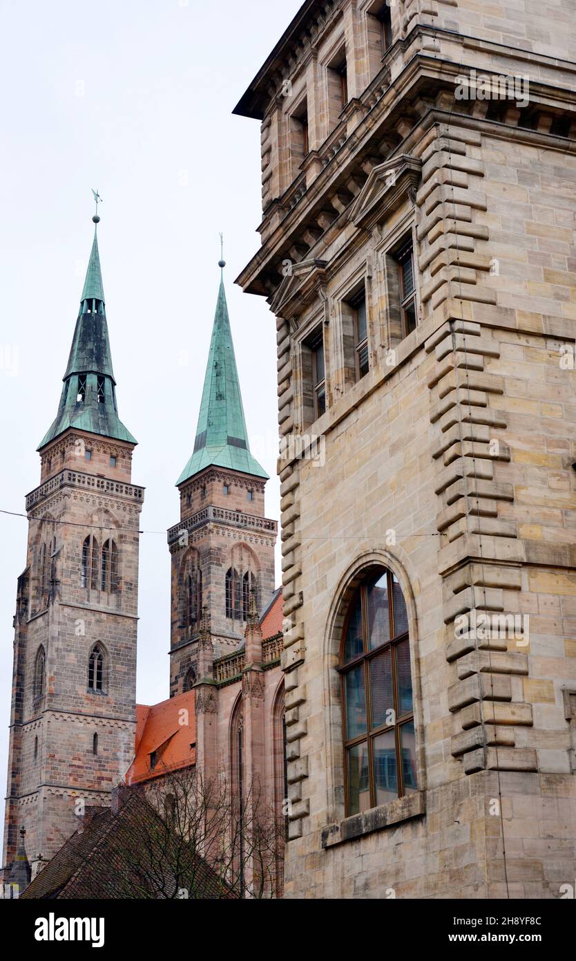 Nürnberg, Germany, historical facade of the cityhall and church towers ...