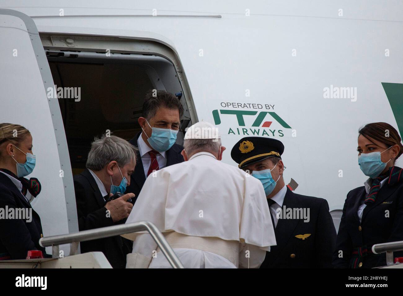 Rome, Italy. 02nd Dec, 2021. Pope Francis is welcomed by ITA Airways ...