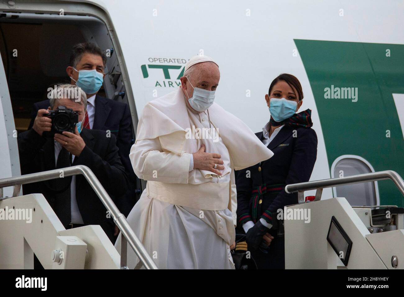 Rome, Italy. 02nd Dec, 2021. Pope Francis greets journalists on the ...
