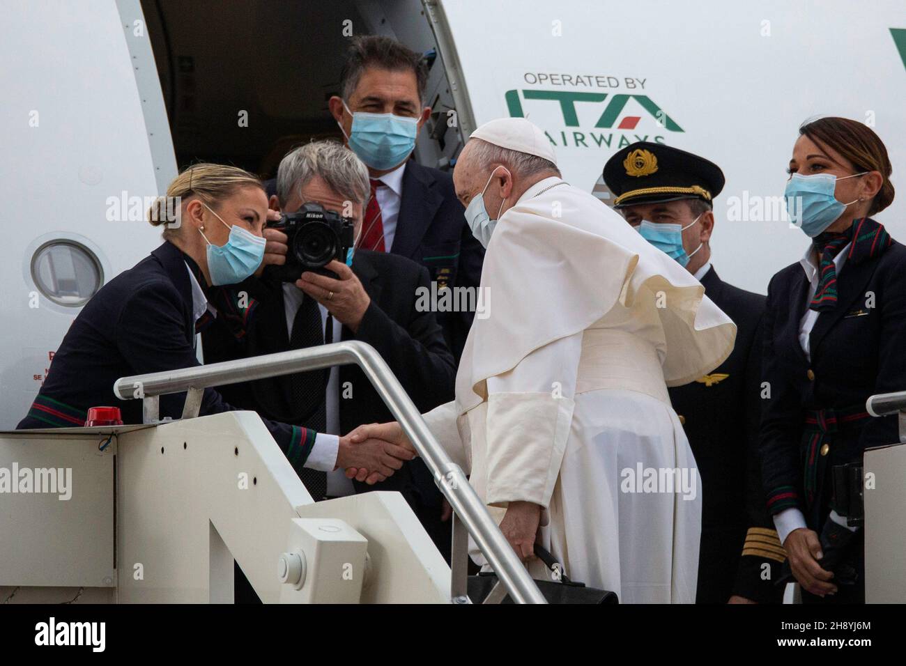 Rome, Italy. 02nd Dec, 2021. Pope Francis is welcomed by ITA Airways ...