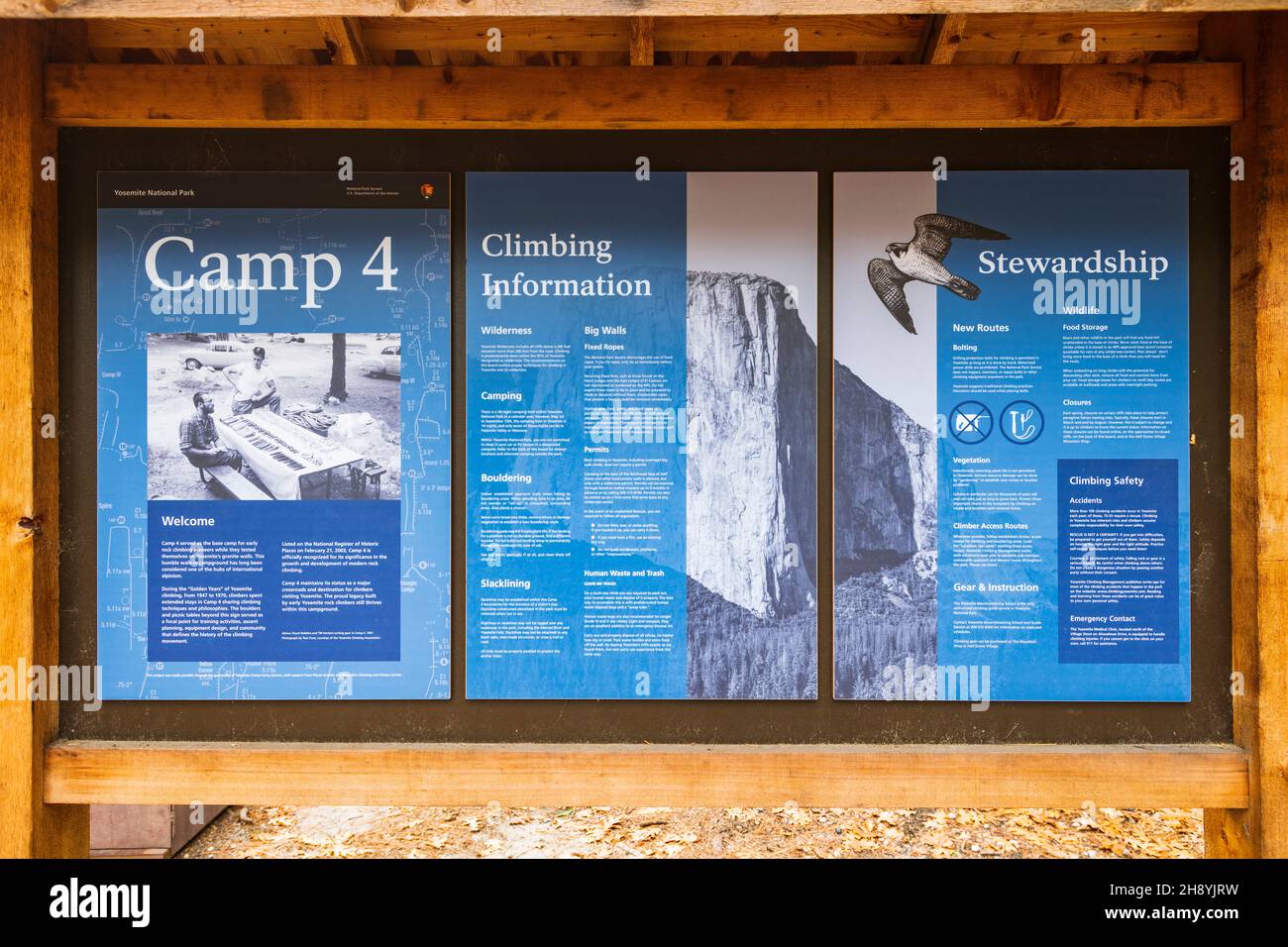 Interpretive sign at Camp 4, Yosemite National Park, California USA ...