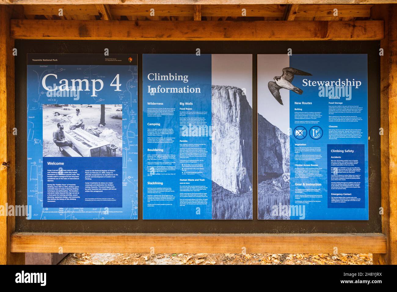 Interpretive sign at Camp 4, Yosemite National Park, California USA ...