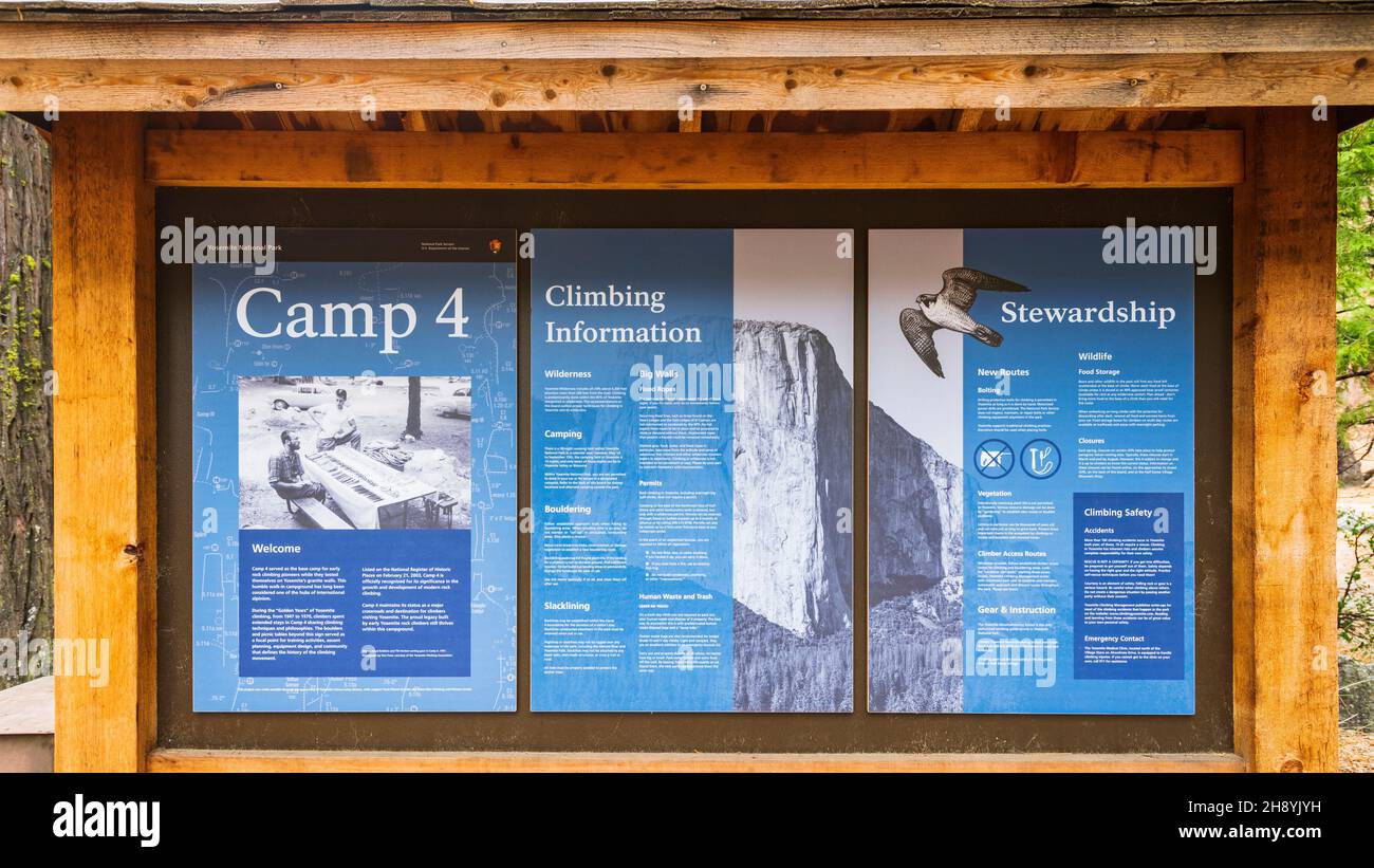 Interpretive sign at Camp 4, Yosemite National Park, California USA ...