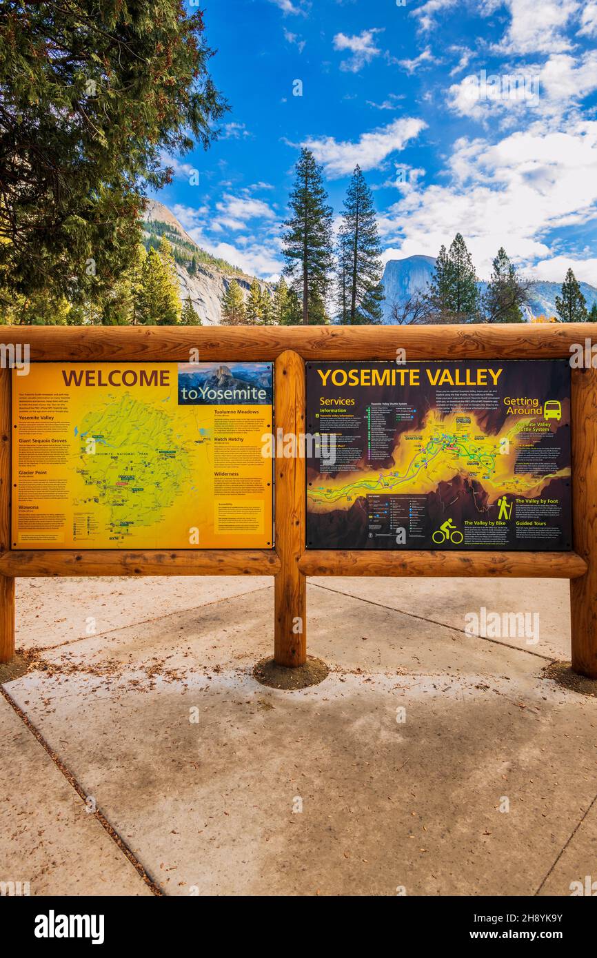 Interpretive sign under Half Dome, Yosemite National Park, California ...