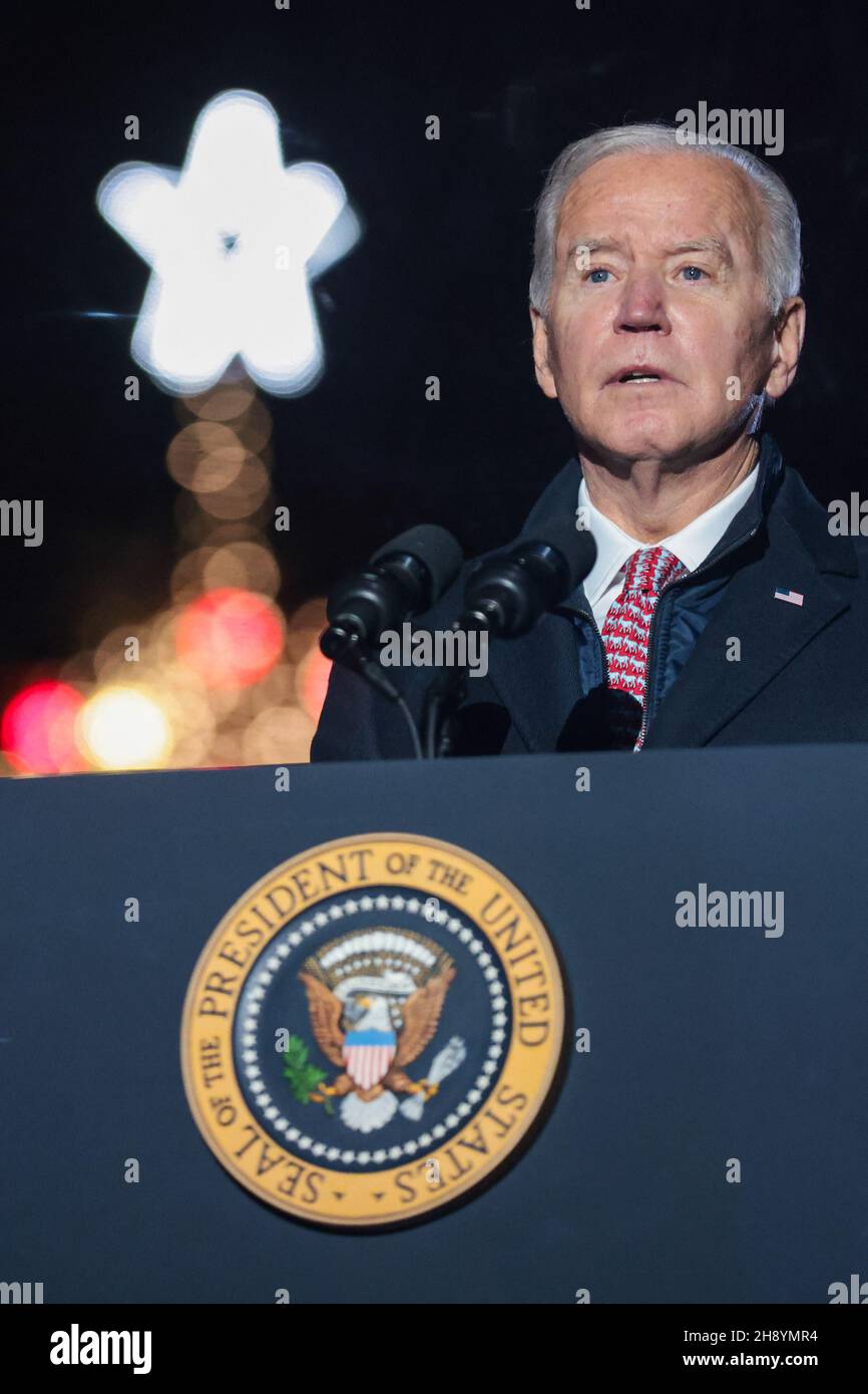 President Joe Biden delivers remarks during the National Christmas Tree ...