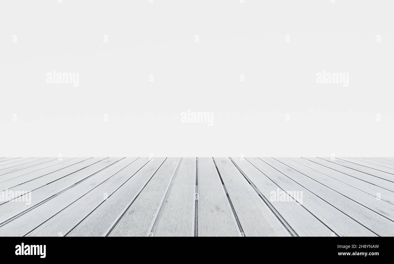 Empty room with white wooden floor or desktop background. Table top for ...