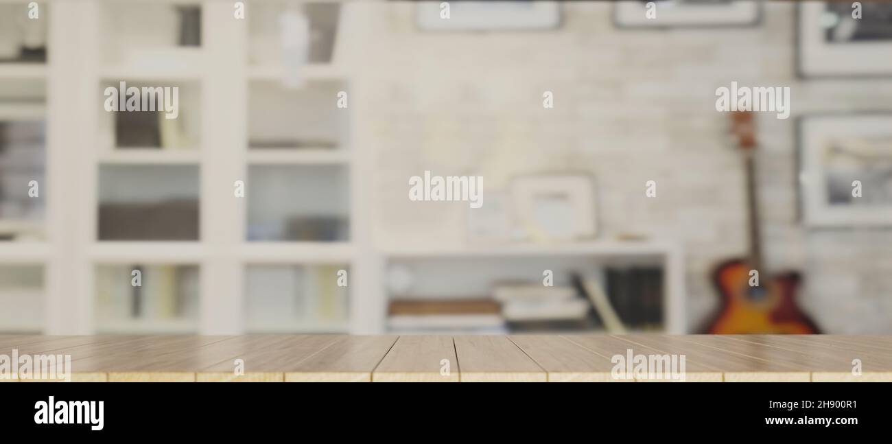 Close-up, copy space for montage on wooden tabletop over blurred modern ...