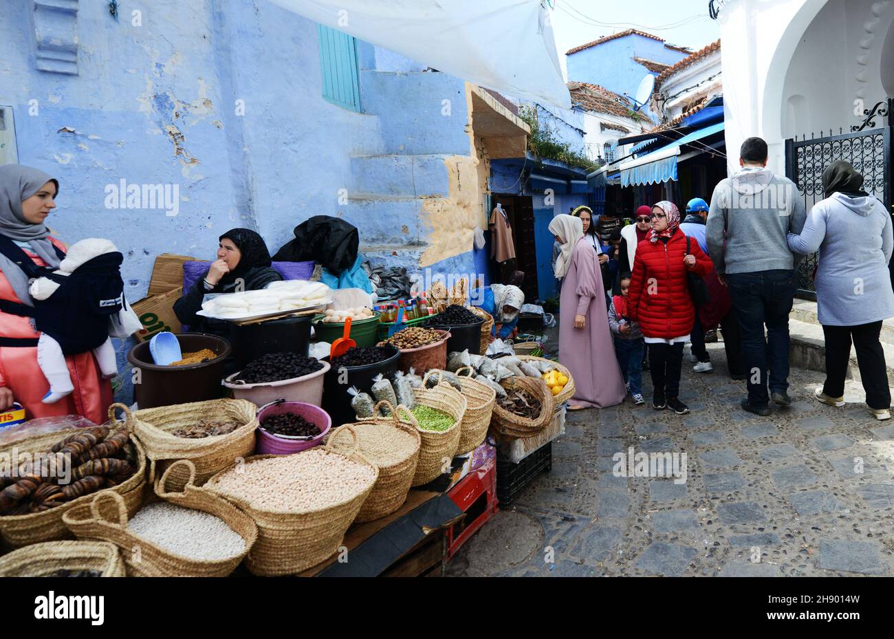 The colorful market in the medina of Chefchaouen, Morocco Stock Photo ...