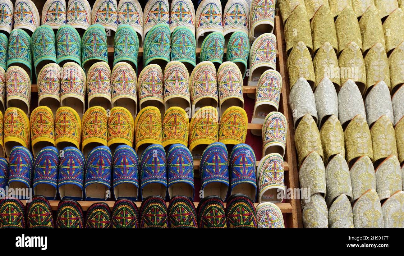 Traditional Moroccan souvenirs sold by shops in the old medina of ...