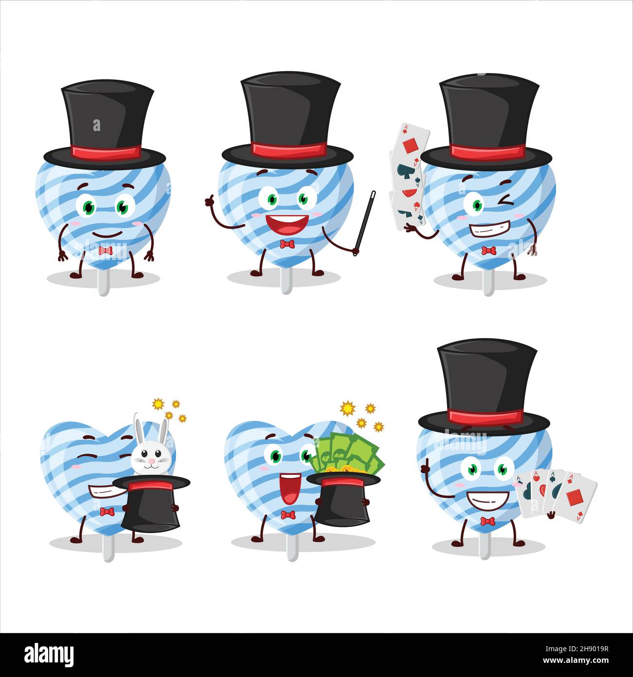 A blue love candy Magician cartoon character perform on a stage. Vector ...