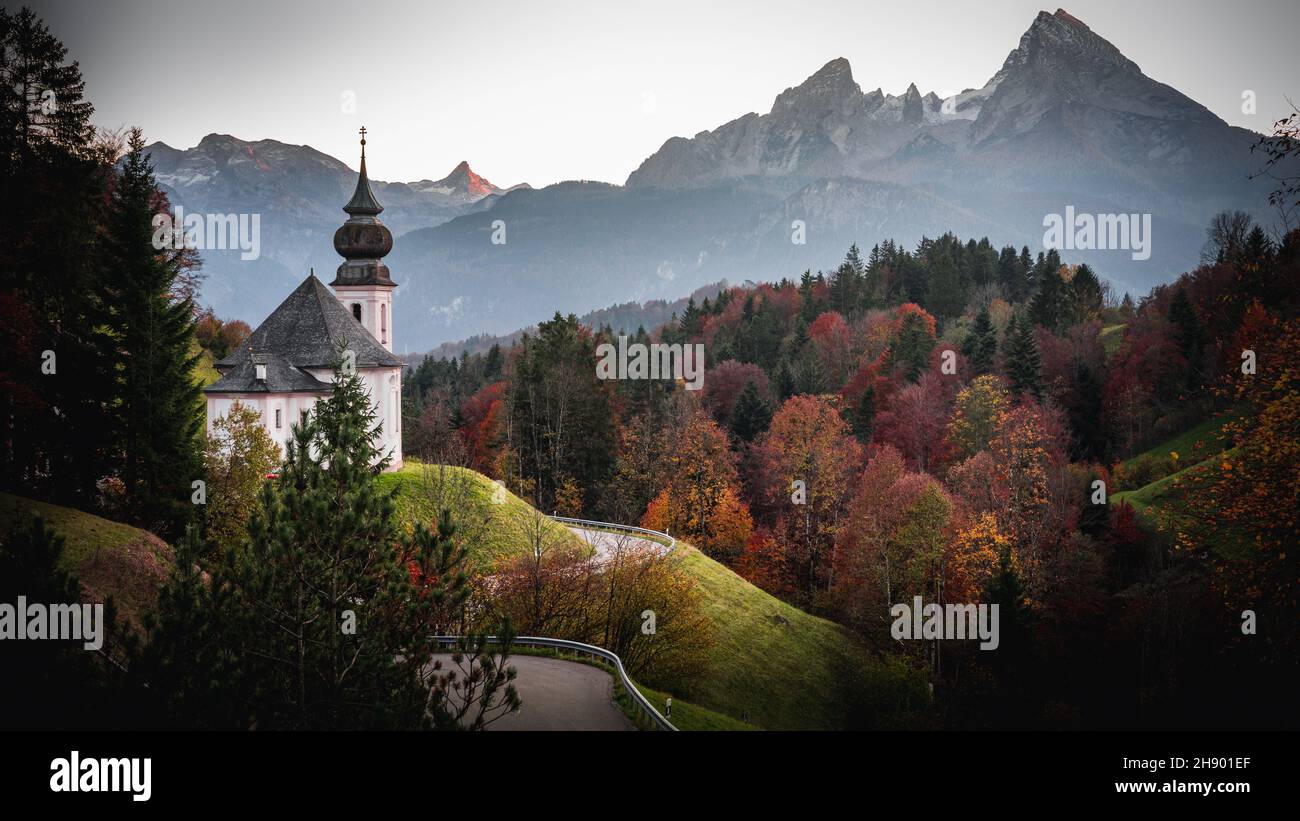Maria Gern pilgrimage church and the autumnal landscape in Upper ...