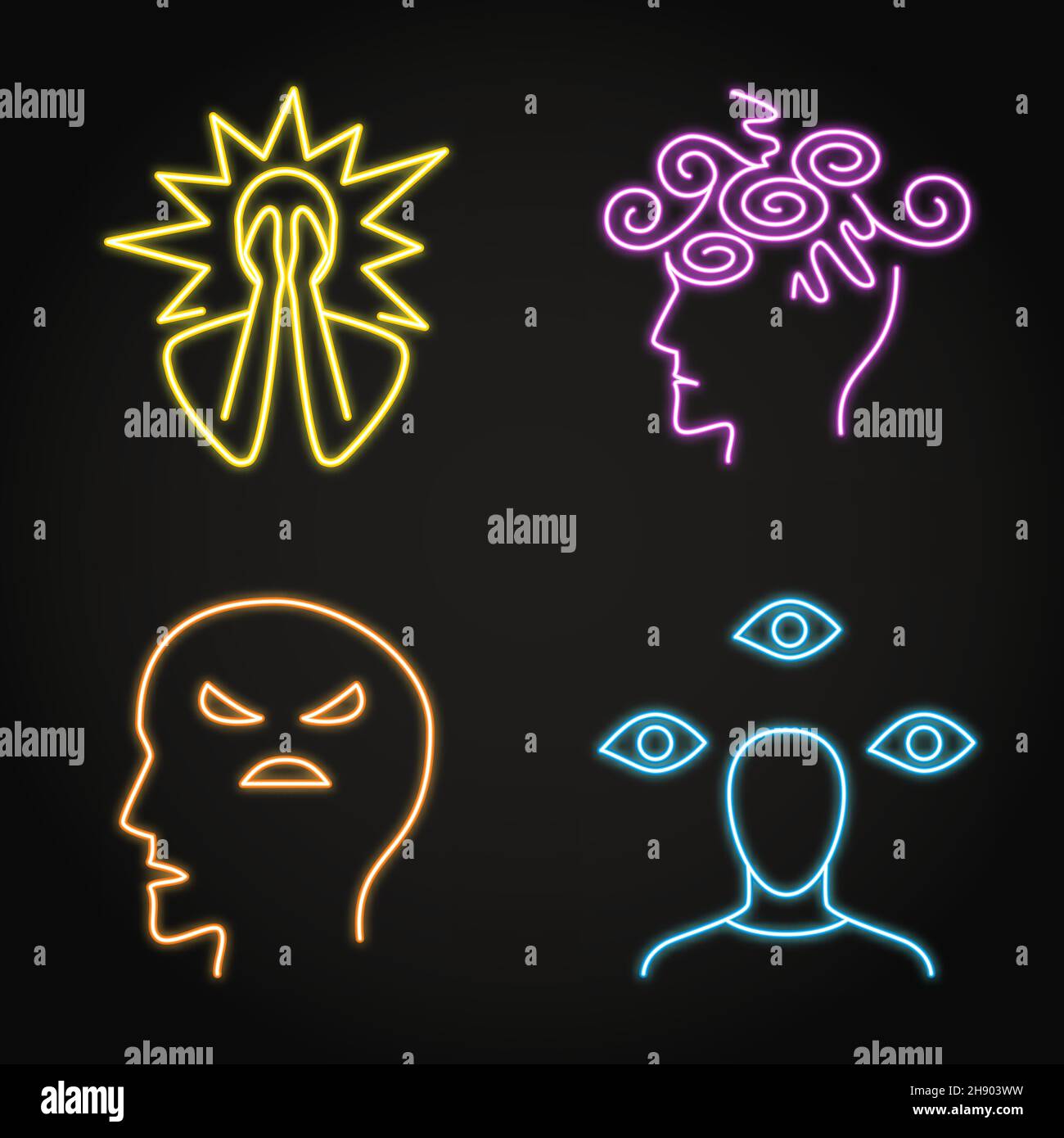 Neon mental disorders icon set in line style. Panic attack, anxiety ...