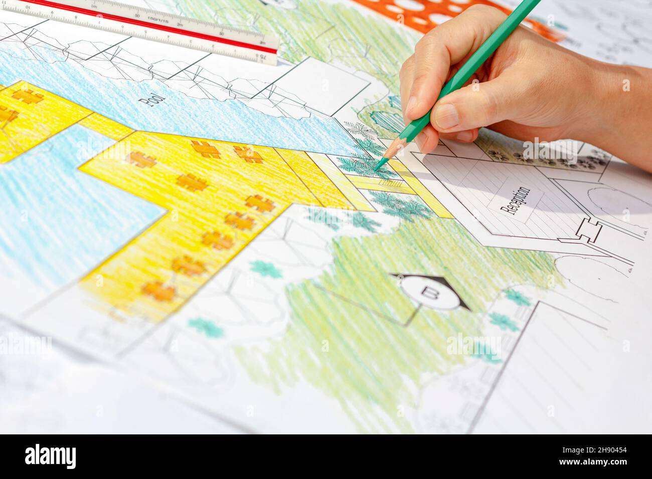 Landscape architect design hotel resort plan Stock Photo - Alamy