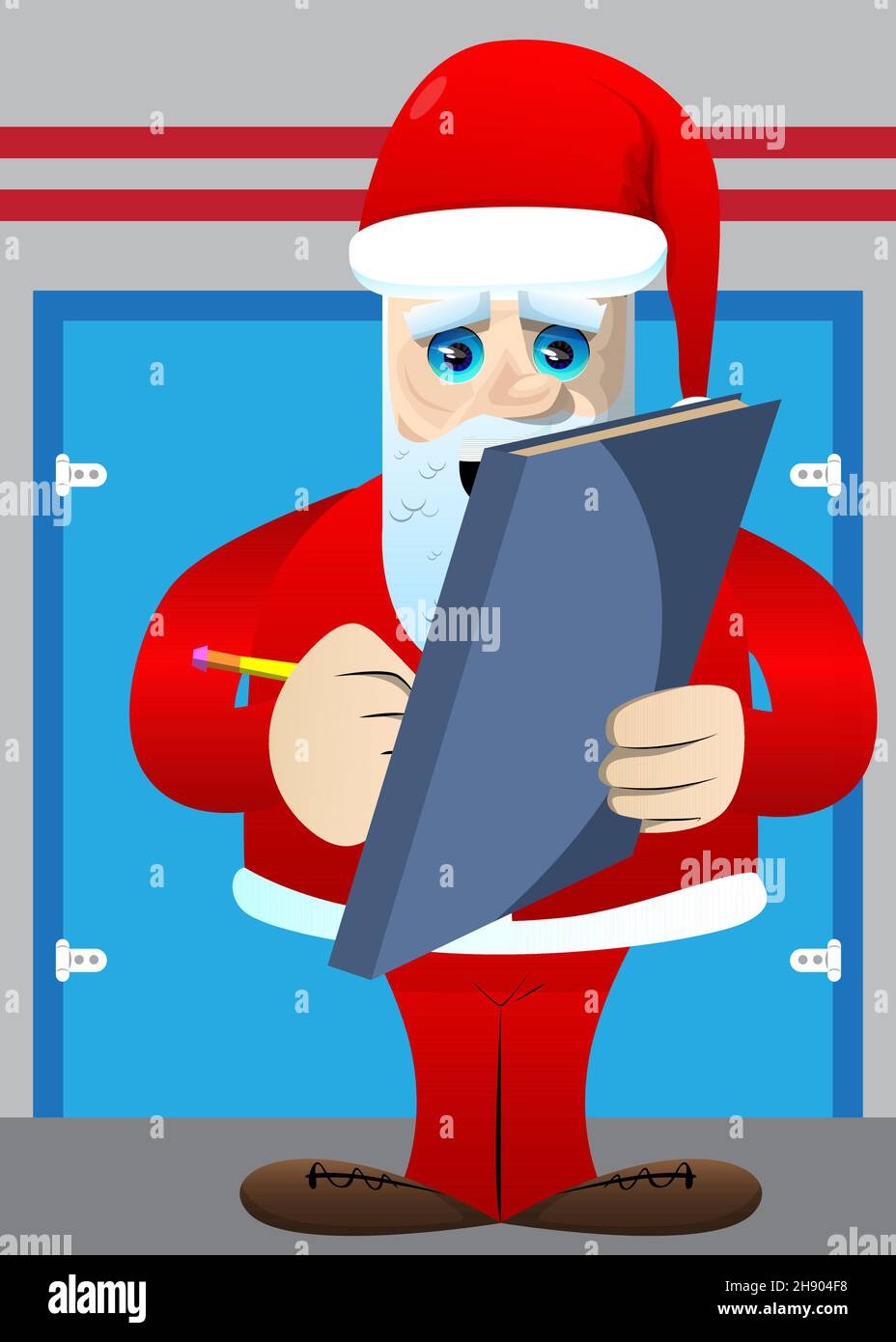 Santa Claus in his red clothes with white beard writing on a books ...