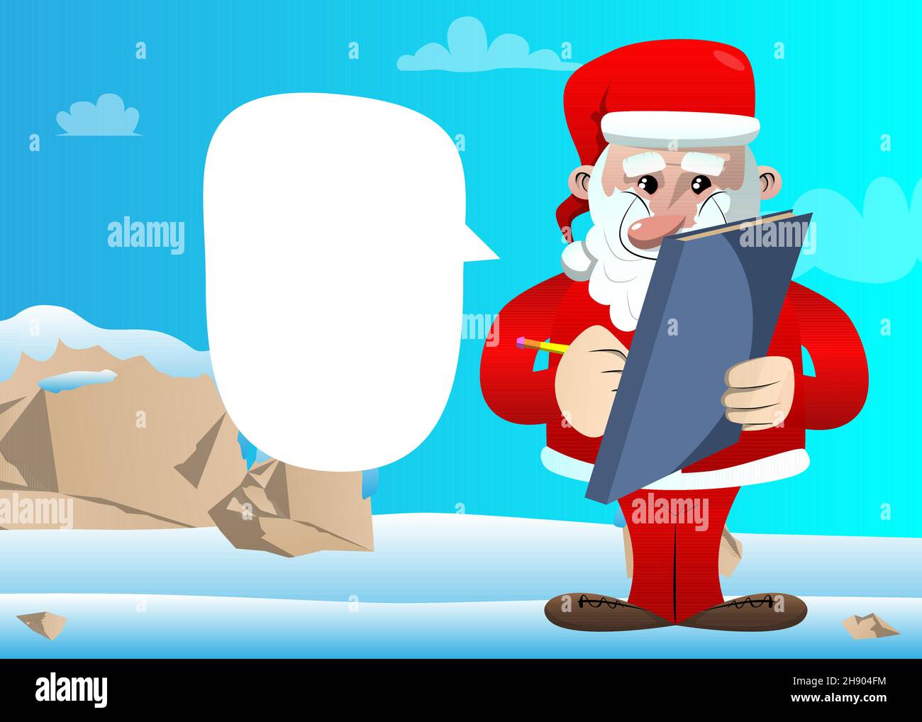 Santa Claus in his red clothes with white beard writing on a books ...
