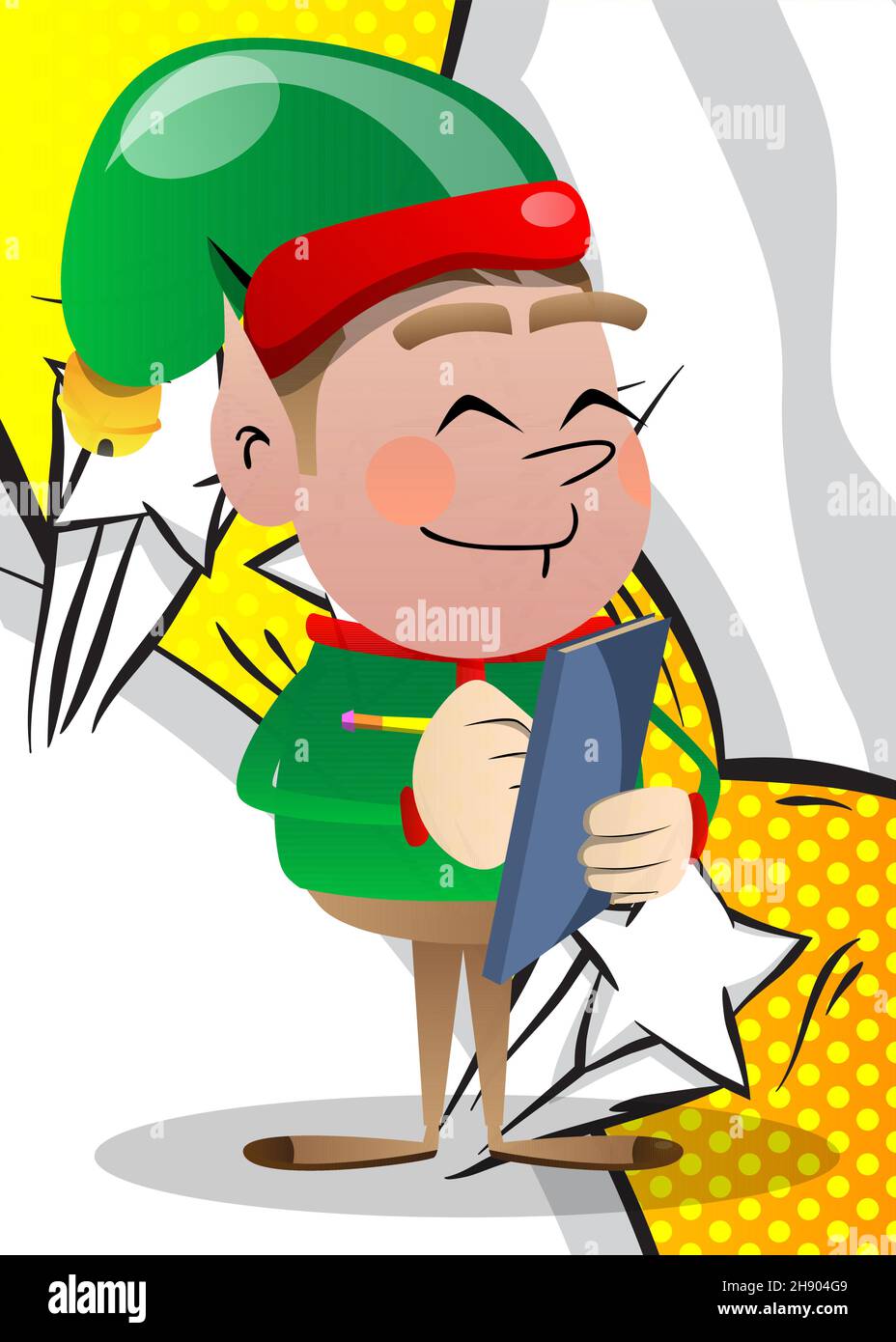 Christmas Elf writing on a books cover. Vector cartoon character ...