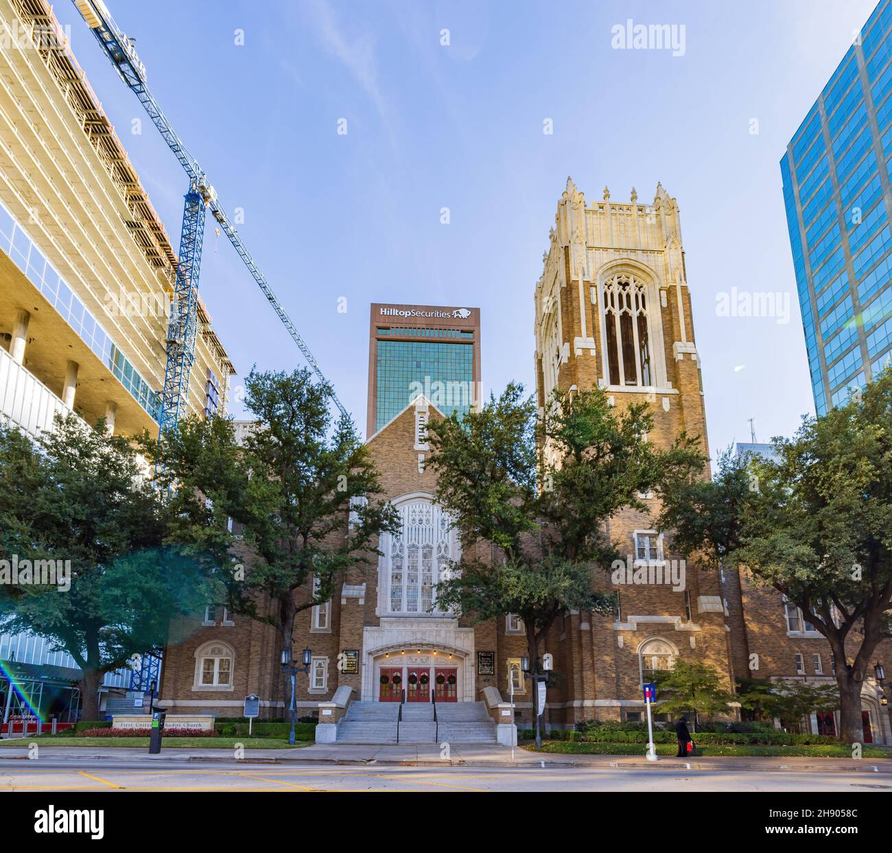Dallas, NOV 25 2021, Sunny view of the First United Methodist Church ...