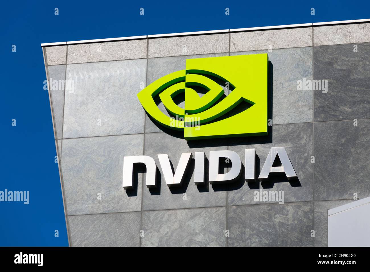 Nvidia logo and sign on headquarters building - Santa Clara, California ...