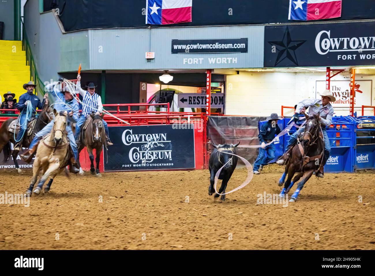Fort Worth, NOV 27 2021, Team roping competition in the Stockyards ...