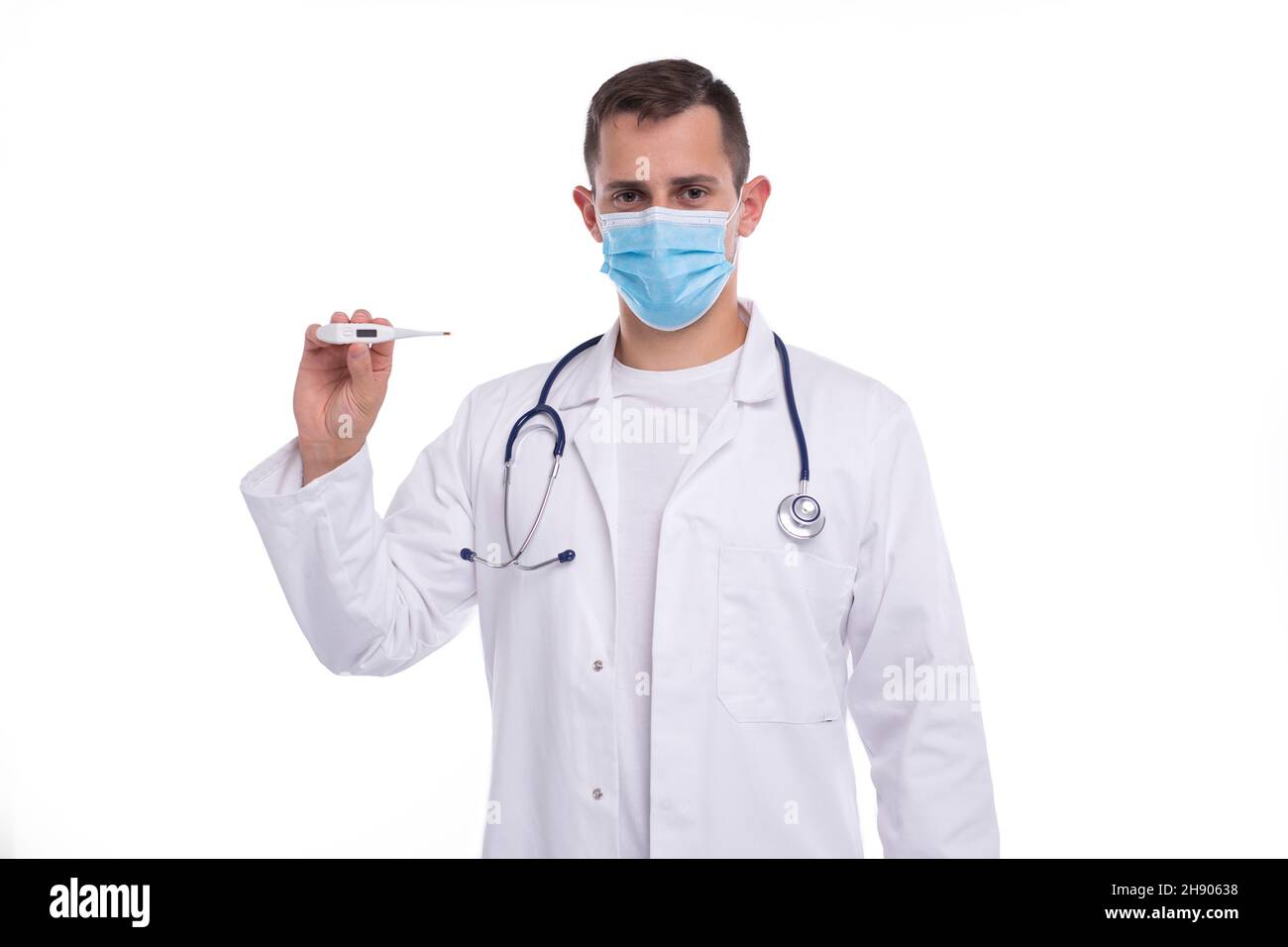 Doctor Showing Thermometer Wearing Medical Mask Isolated. Man Doctor ...