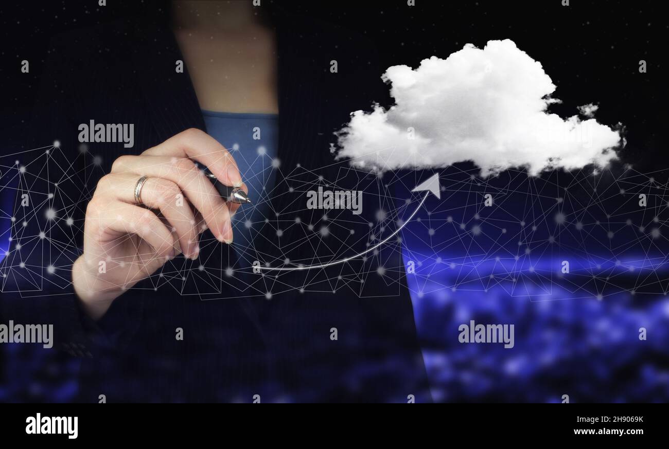 Hand holding digital graphic pen and drawing digital hologram cloud ...