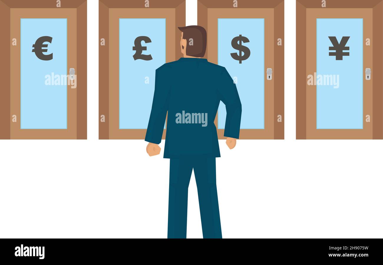 Businessman thinking which door to go into with different currency ...