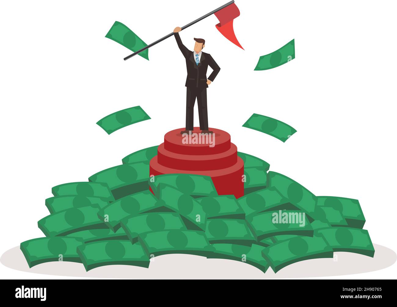 Businessman on the top of the money mountain holding a red flag ...