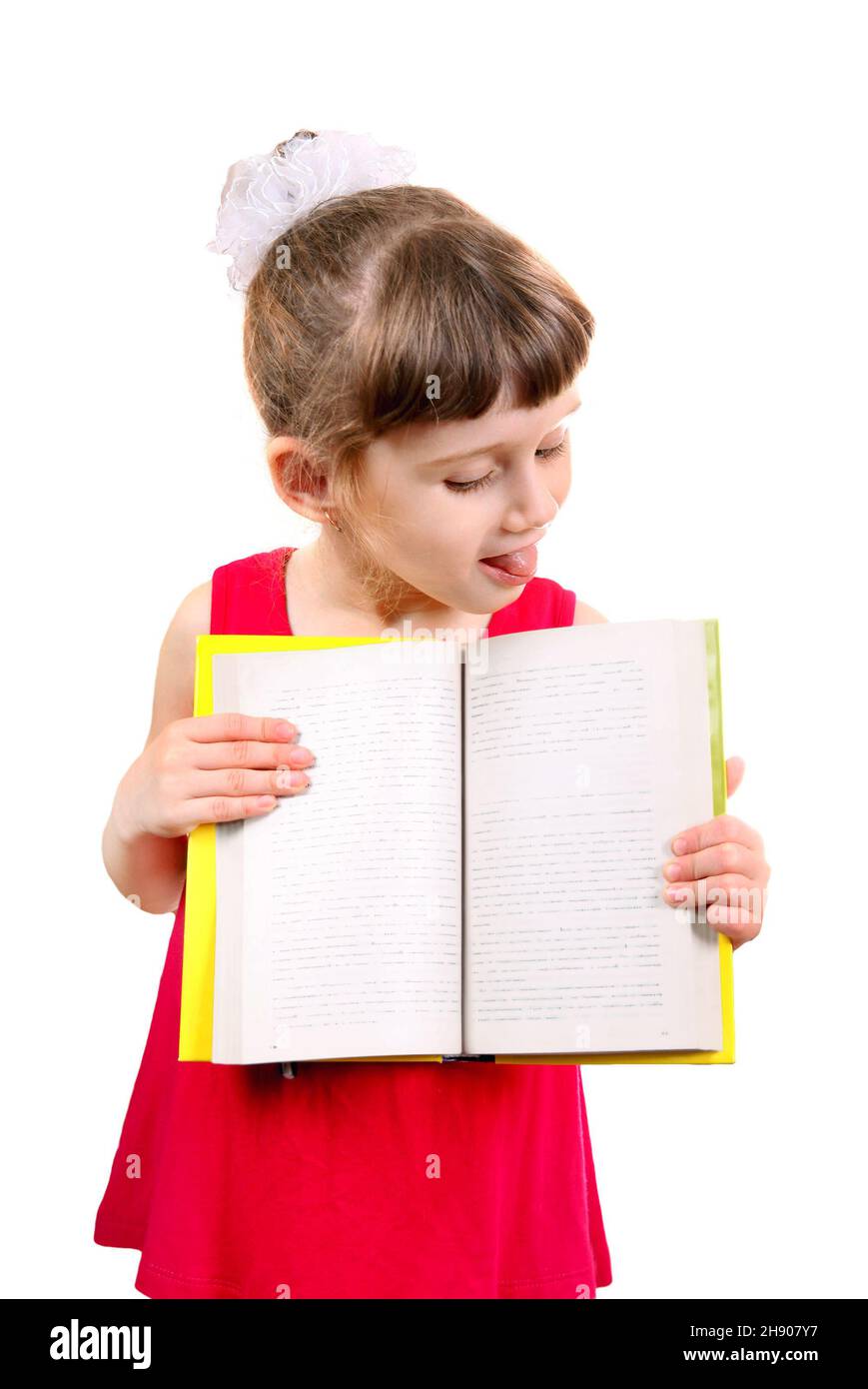 Little Girl with the Opened Book Isolated on the White Background Stock ...