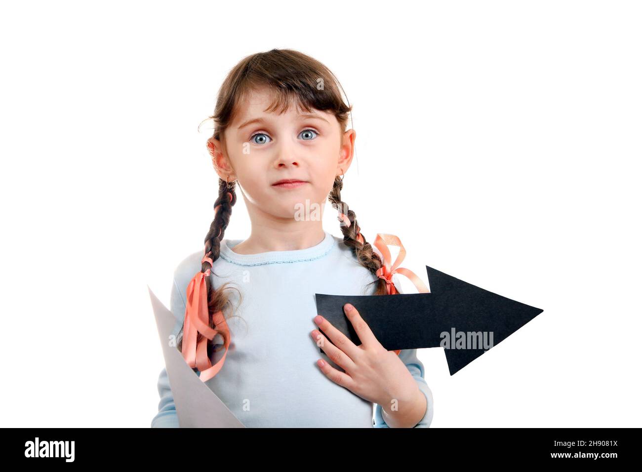 Little Girl with Black Arrow Isolated on the White Background Stock ...