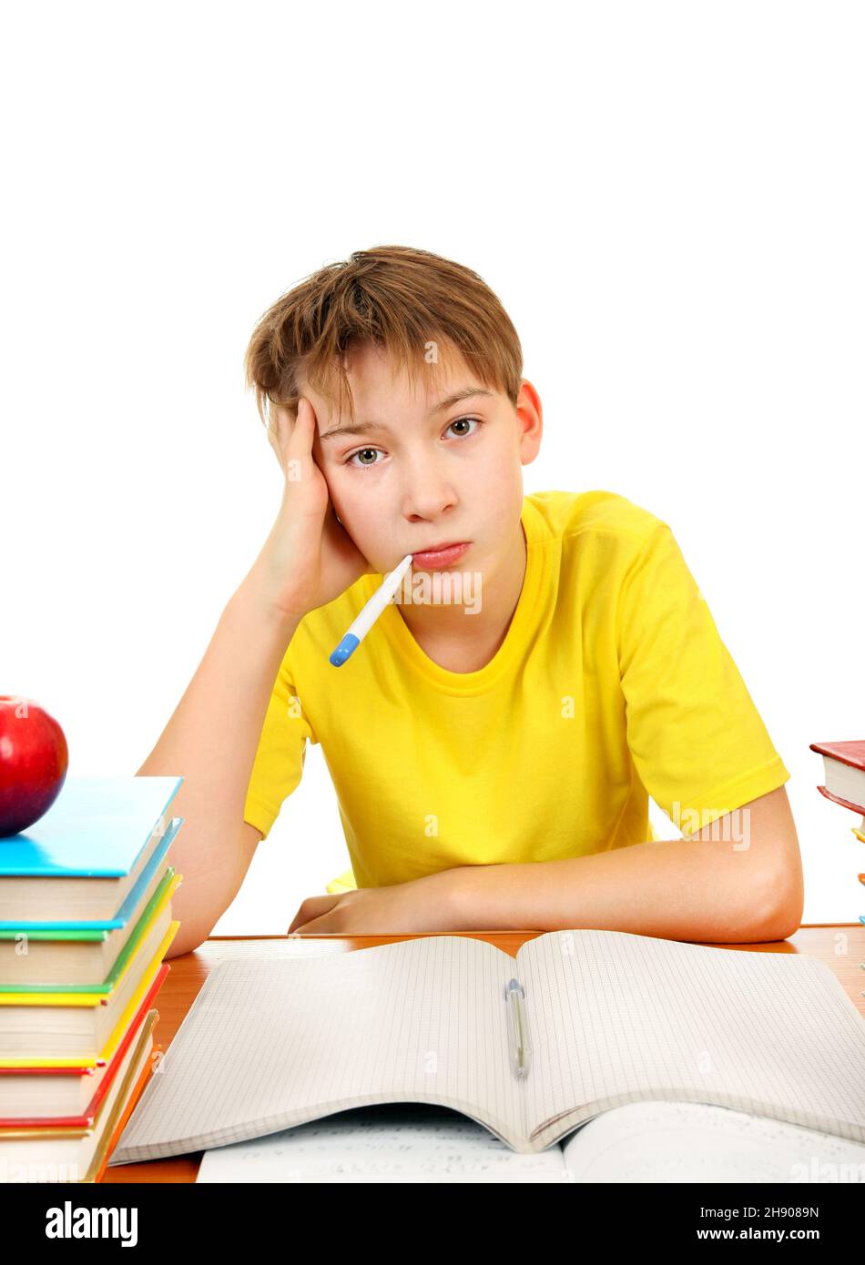 Sick Schoolboy with Thermometer and Books on the White Background Stock ...