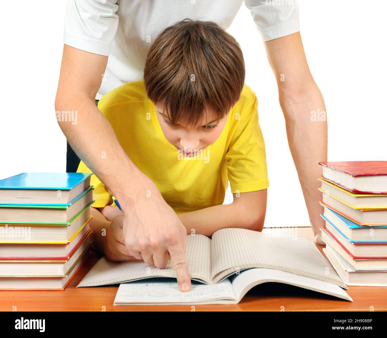 Parent help to Son with Homework on the White Background Stock Photo ...
