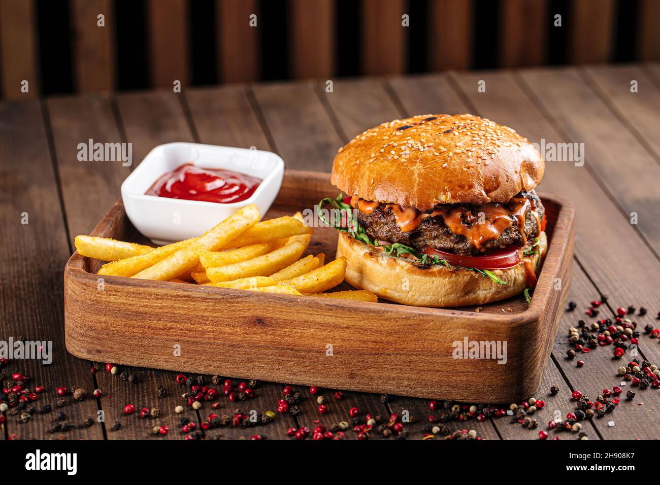 Beef burger set with french fries and ketchup Stock Photo - Alamy