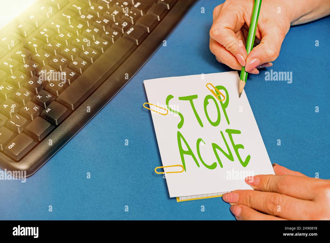 Hand writing sign Stop Acne. Concept meaning control the occurrence of ...
