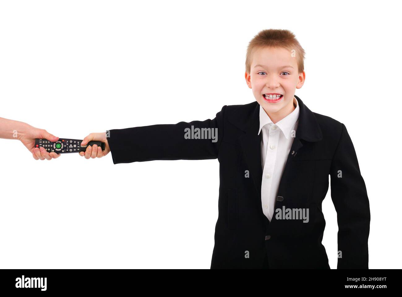 Kid with TV set Remote Control Isolated on the White Background Stock ...