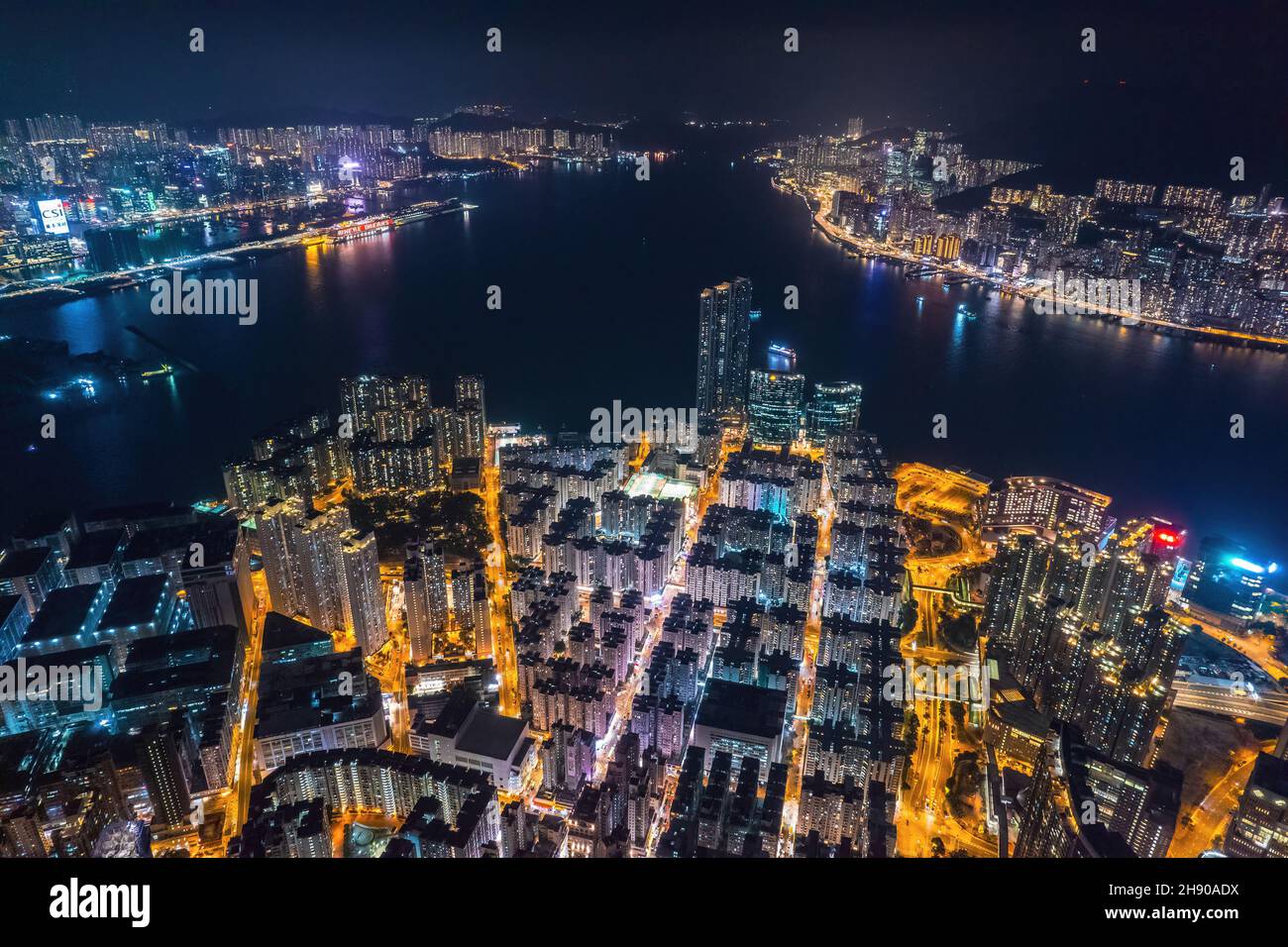 cyberpunk mood of the aerial night cityscape, Kowloon, Hong Kong ...