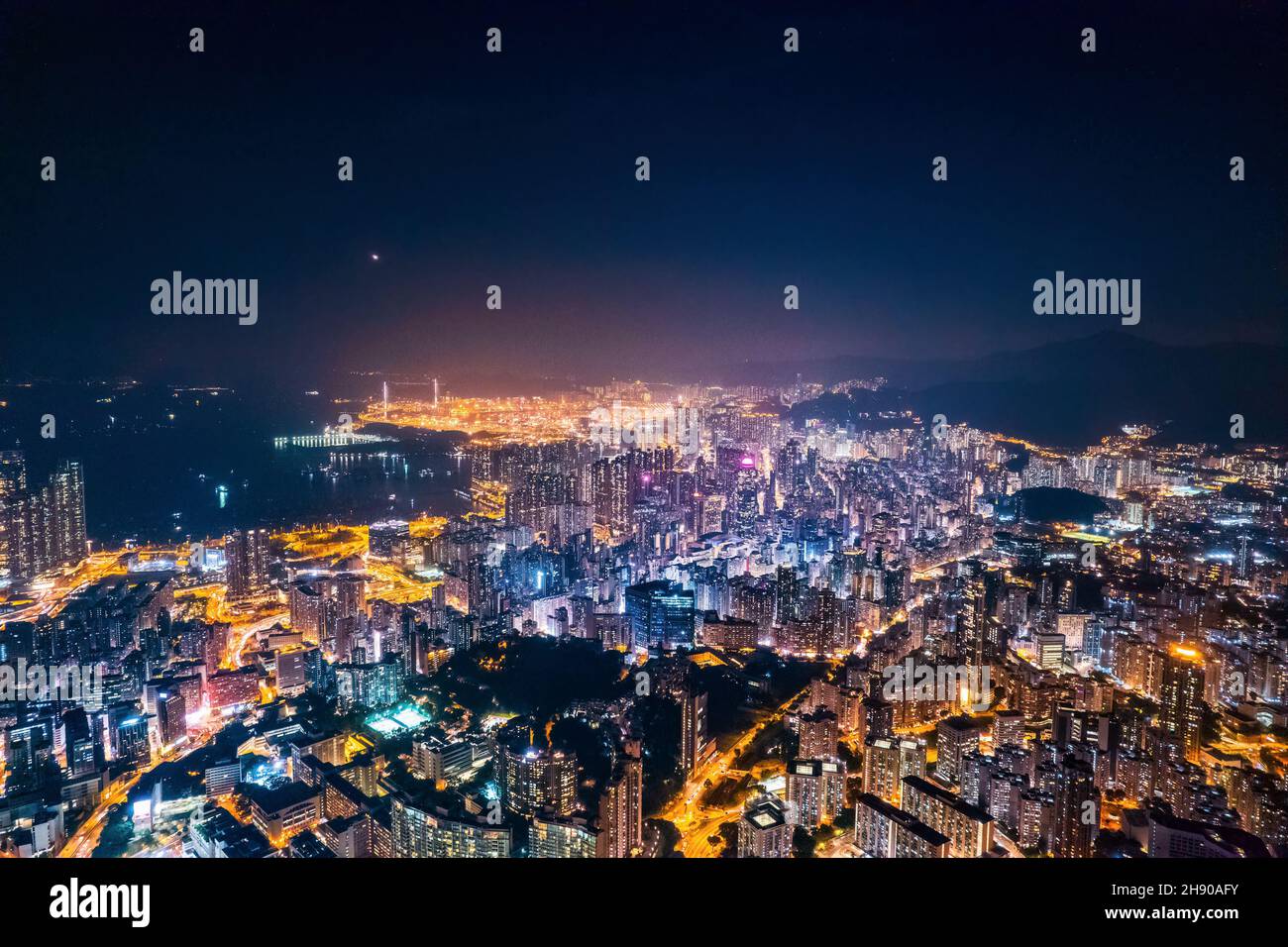 cyberpunk mood of the aerial night cityscape, Kowloon, Hong Kong ...
