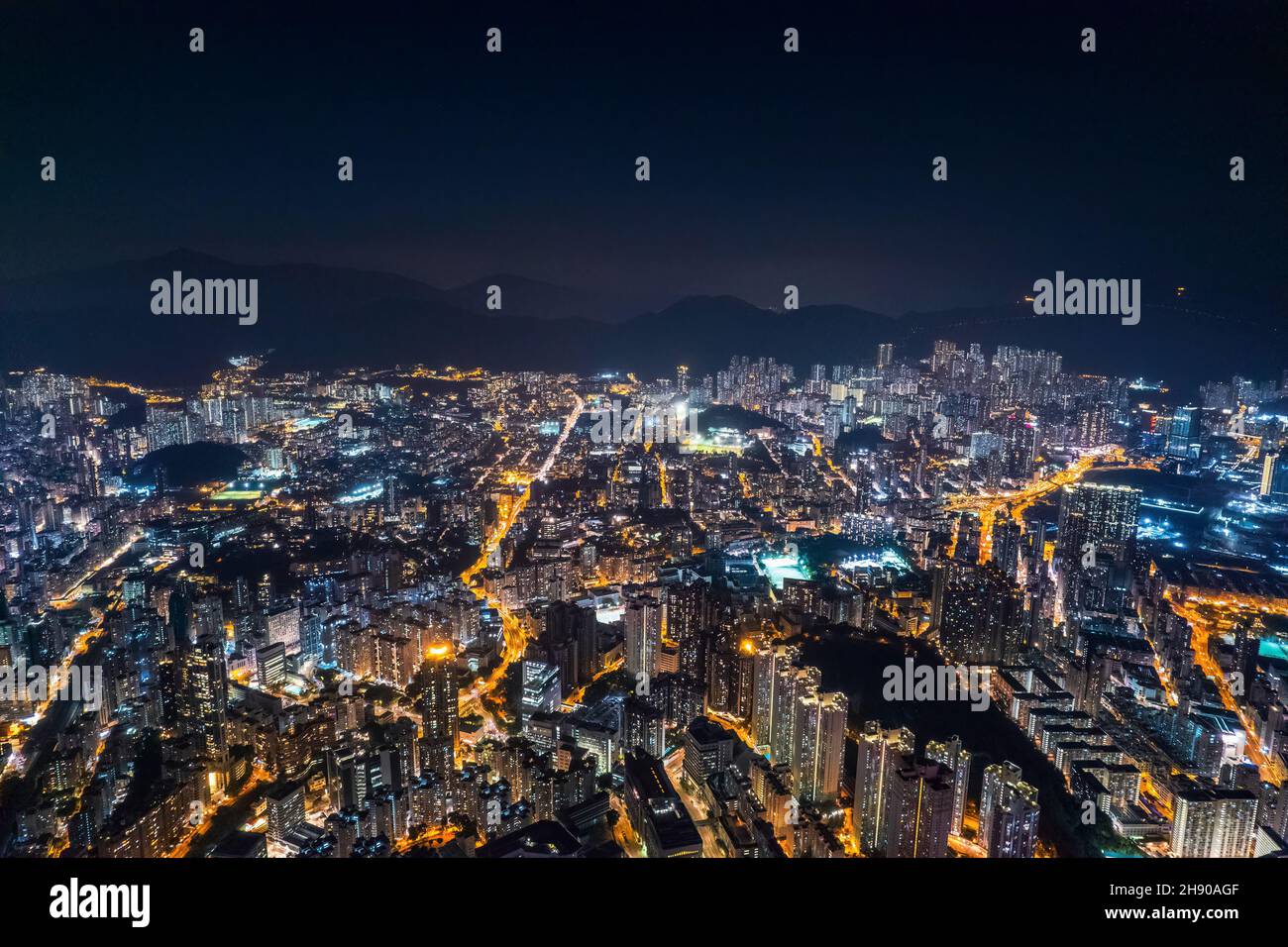 cyberpunk mood of the aerial night cityscape, Kowloon, Hong Kong ...