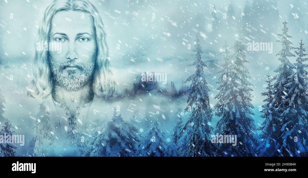 Art of Jesus and beautiful snowy landscape Stock Photo - Alamy