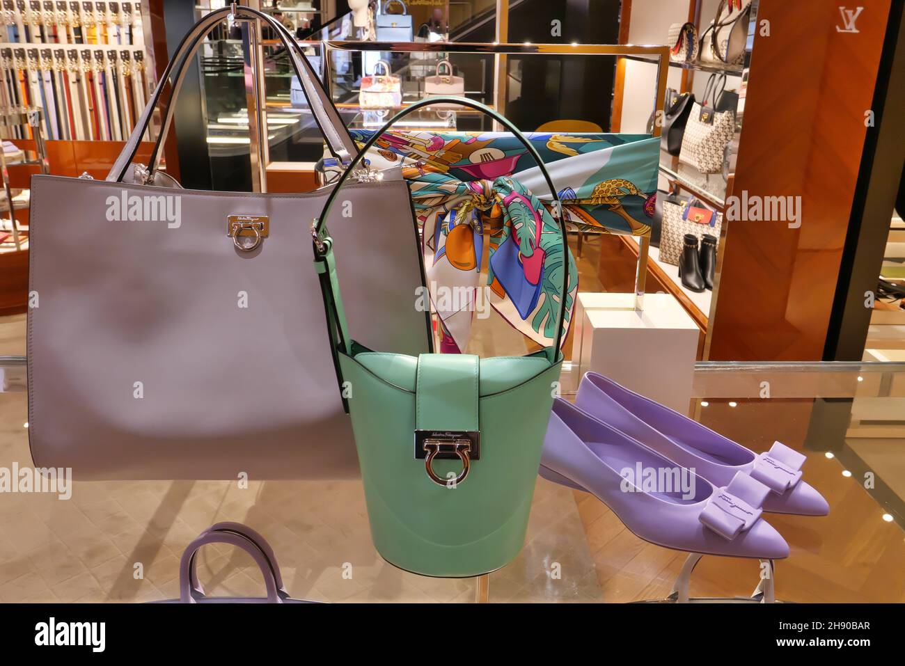 SALVATORE FERRAGAMO SHOES AND BAG ON DISPLAY INSIDE THE FASHION STORE ...
