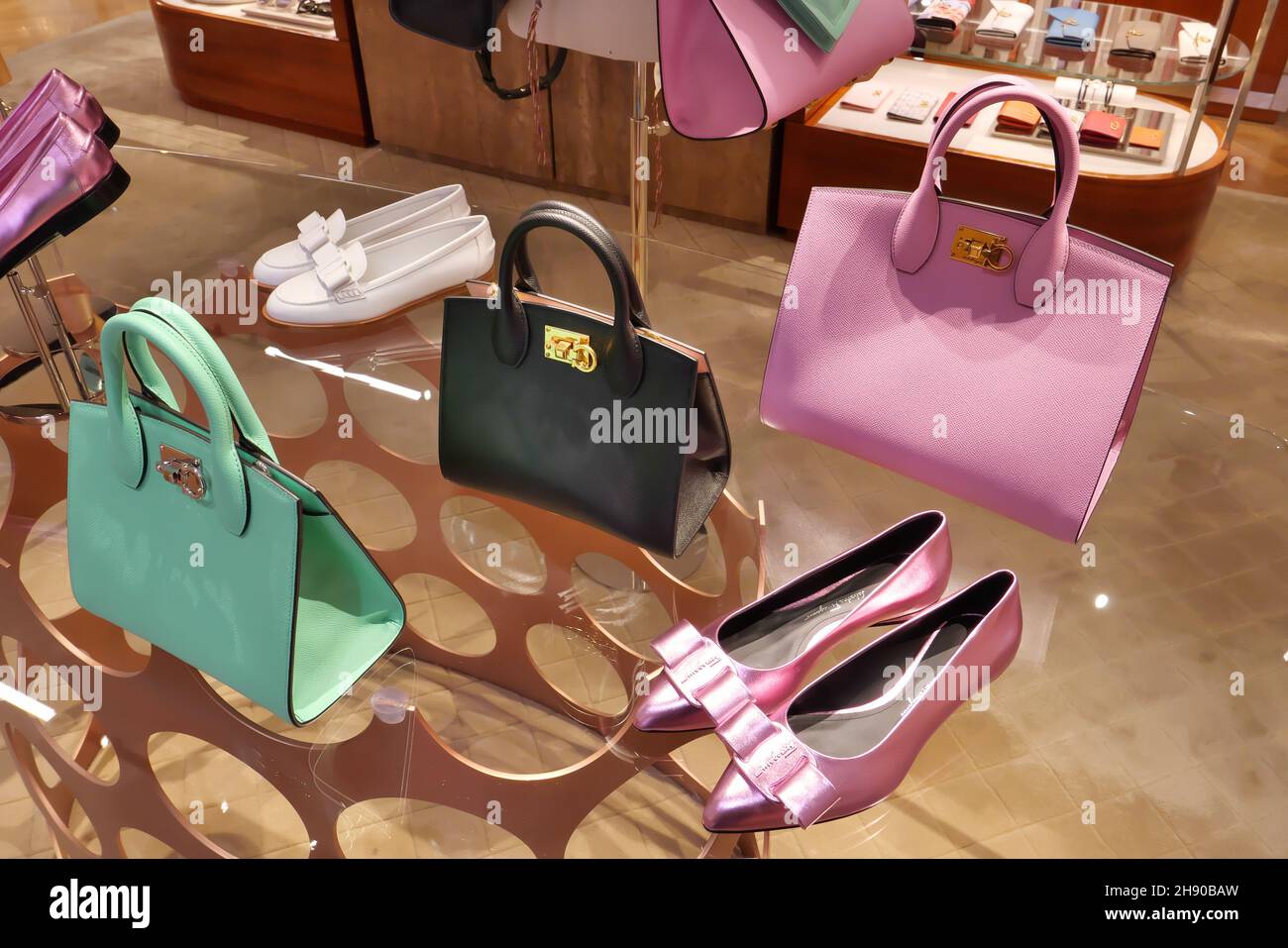 SALVATORE FERRAGAMO SHOES AND BAG ON DISPLAY INSIDE THE FASHION STORE ...