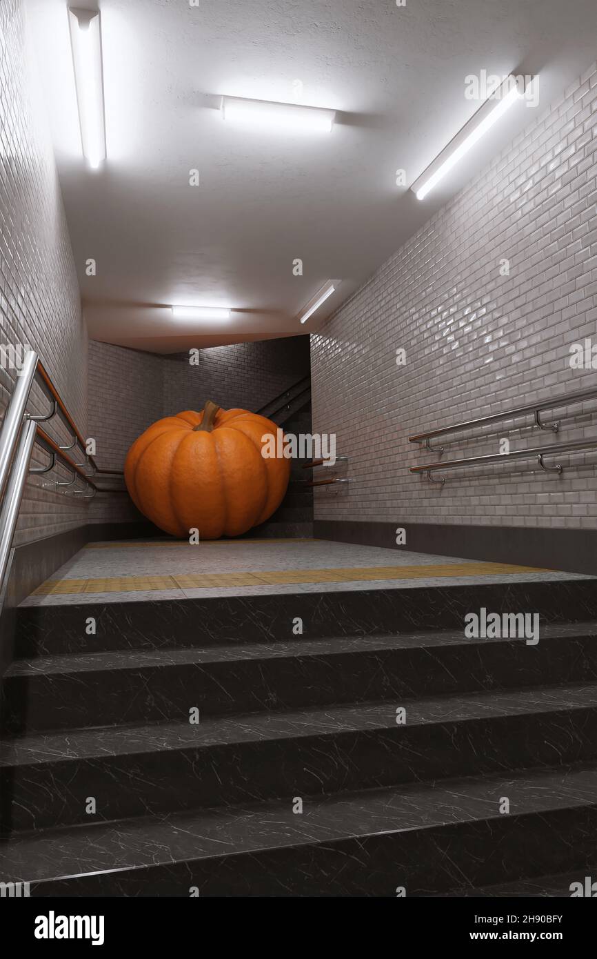 Empty gloomy and scary underground subway with big pumpkin. Halloween ...
