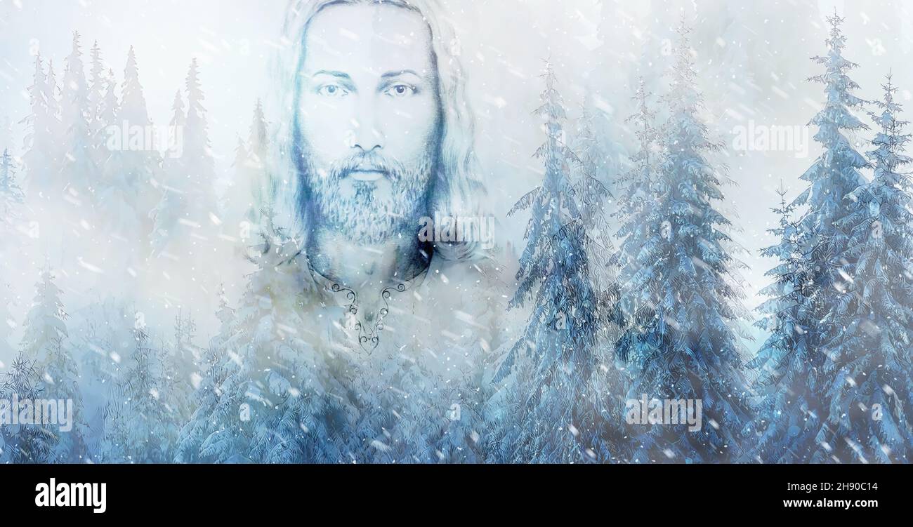 Art of Jesus and beautiful snowy landscape Stock Photo - Alamy