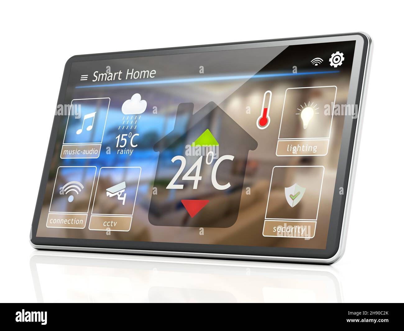 Tablet with smart home controls isolated on white background. 3D ...