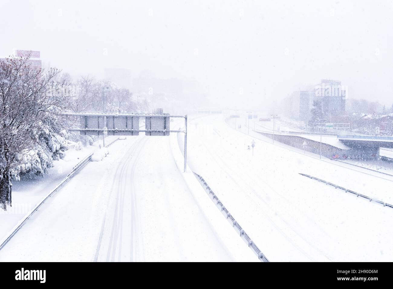 Madrid, Spain - January 9, 2021: M-30 highway covered in snow with ...
