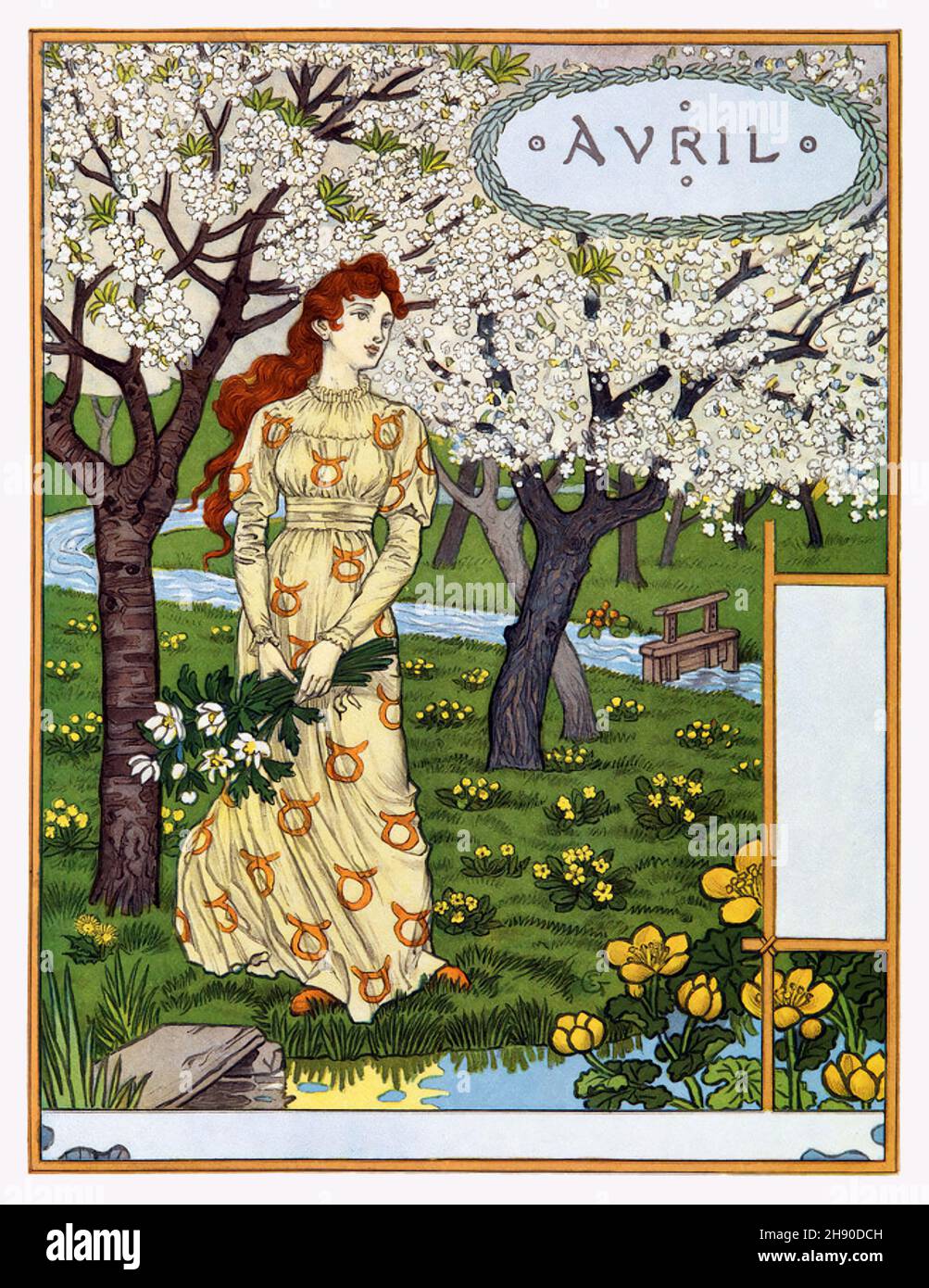Avril, April girl, Eugène Grasset calendar, Art Nouveau illustration ...