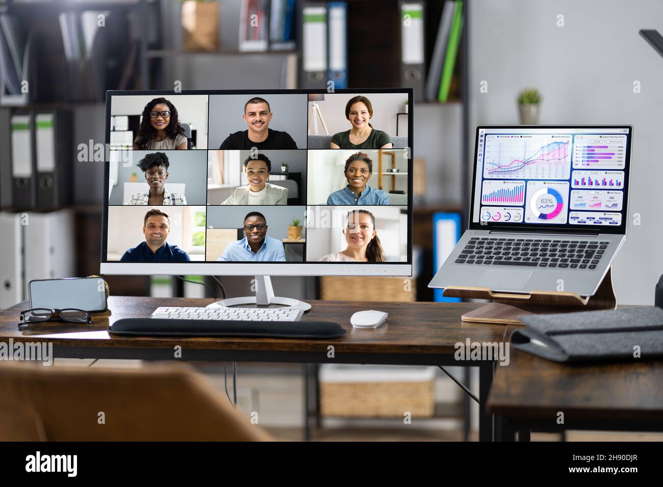 Online Video Conference Virtual Meeting On Multiple Screens Stock Photo ...
